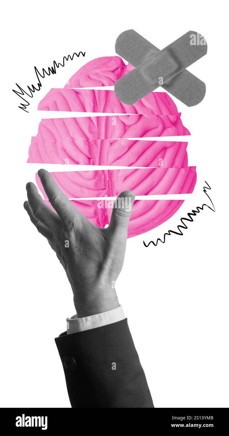 Contemporary art collage. Hand holding fractured brain with bandage ...