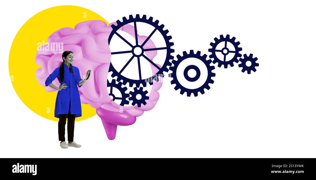 Contemporary art collage. Cogs and gears integrated with pink brain ...