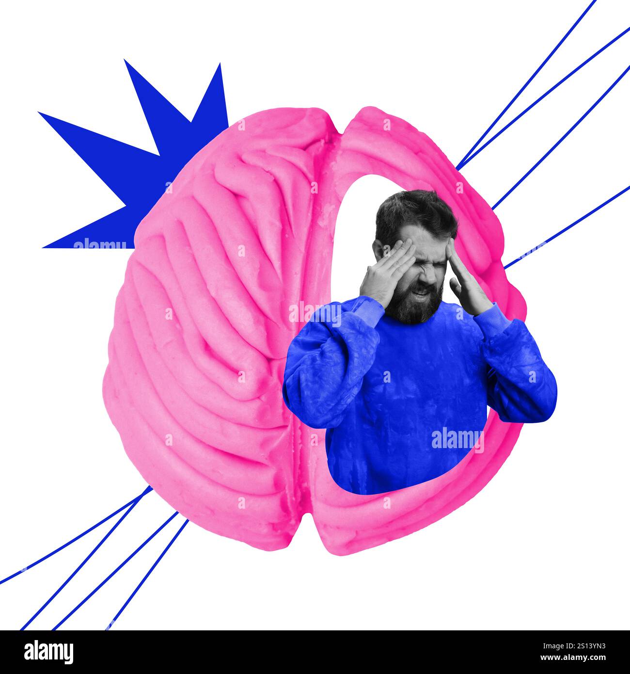 Contemporary art collage. Person holding head while sitting inside ...