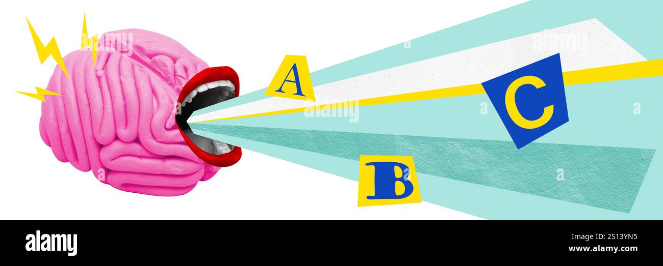 Contemporary art collage. Pink brain with open mouth projecting letters ...