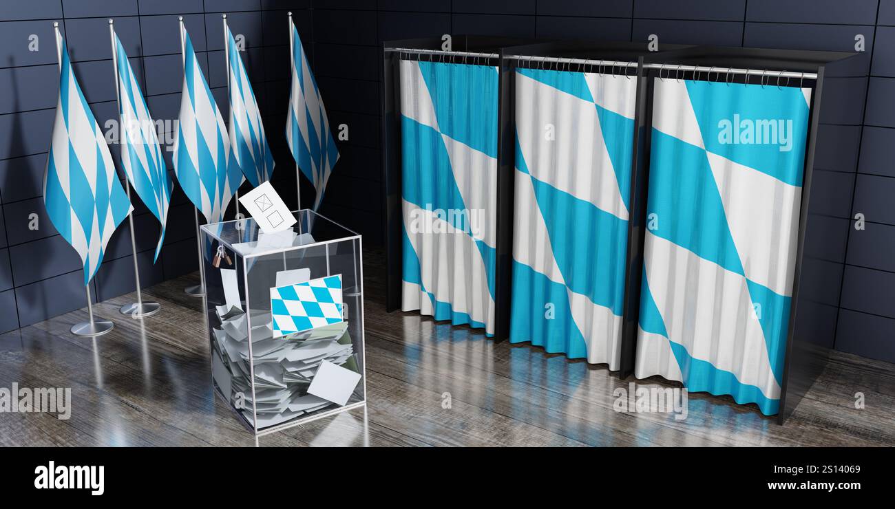 Bavaria - voting cabin, ballot box and flags at polling station - 3D ...