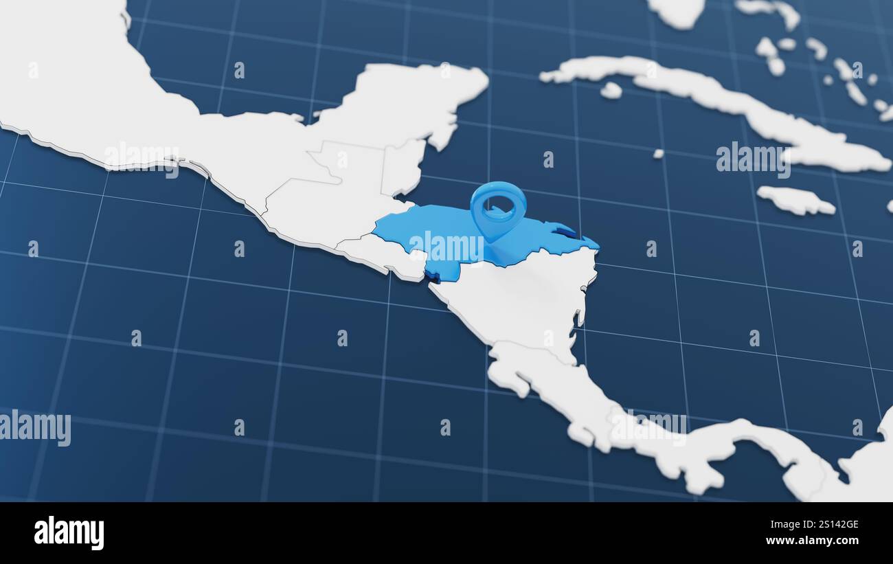 Blue Honduras 3d map with pointer pin surrounded with other countries ...