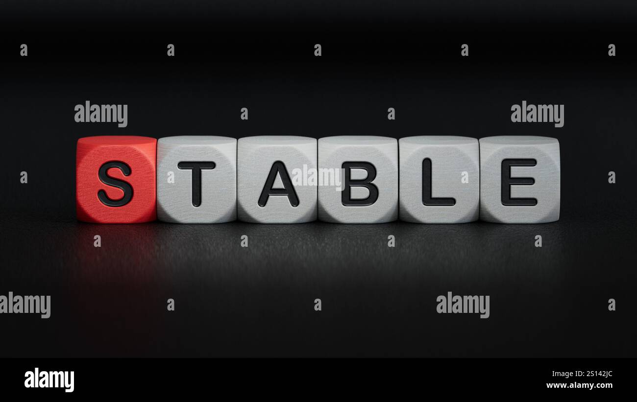 wooden cube block with STABLE business word.close up of wooden elements ...