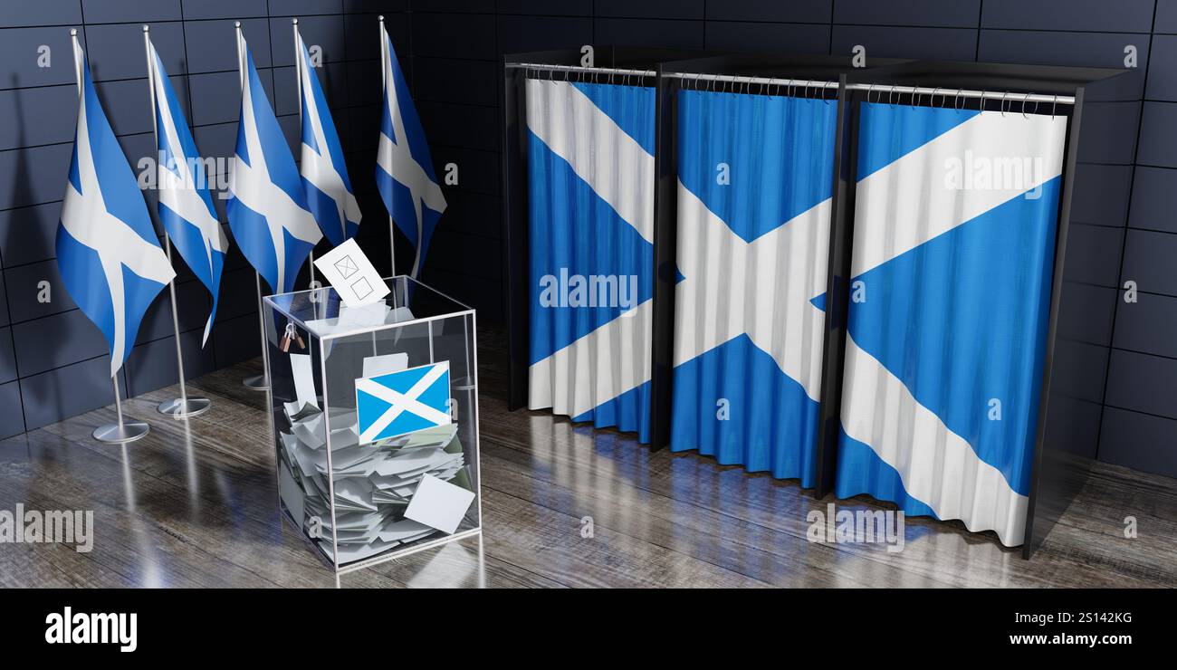 Scotland - voting cabin, ballot box and flags at polling station - 3D ...