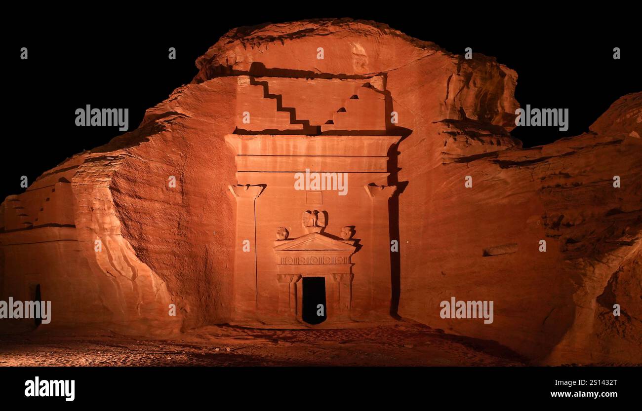 Nabataean tomb in Al Ula, night shot, Saudi Arabia, Al Ula Stock Photo ...