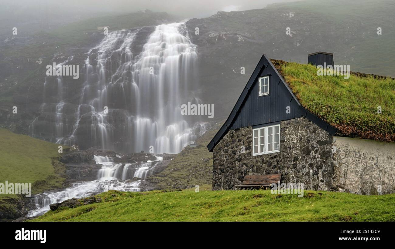 Saksun with waterfall, Denmark, Faroe Islands Stock Photo - Alamy