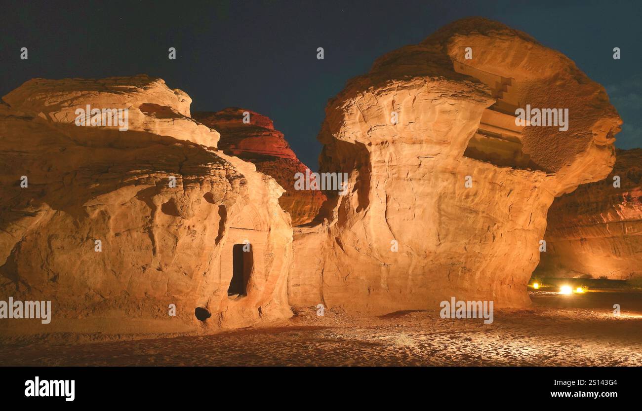 Nabataean tomb in Al Ula, night shot, Saudi Arabia, Al Ula Stock Photo ...