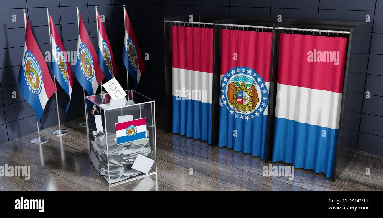 Missouri - voting cabin, ballot box and flags at polling station - 3D ...