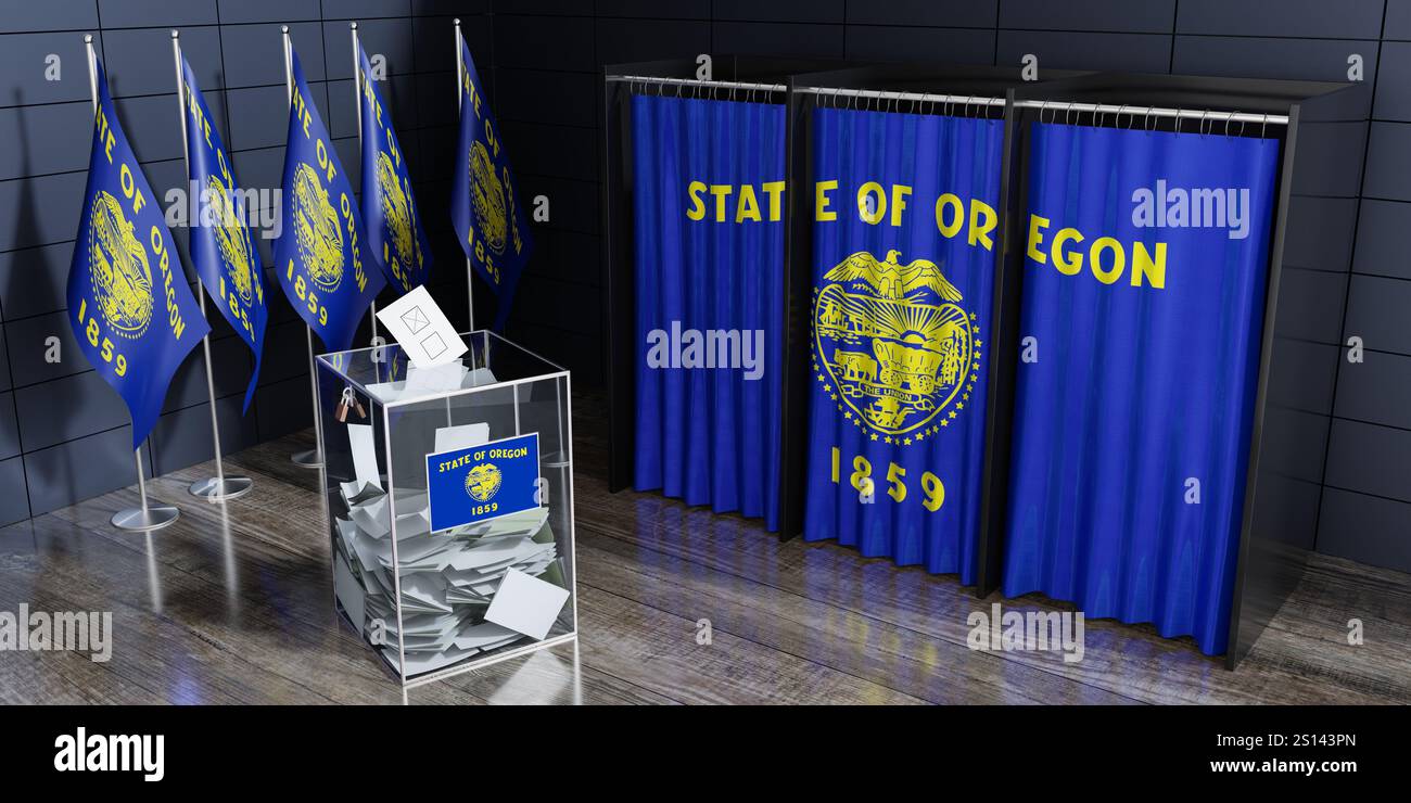 Oregon - voting cabin, ballot box and flags at polling station - 3D ...