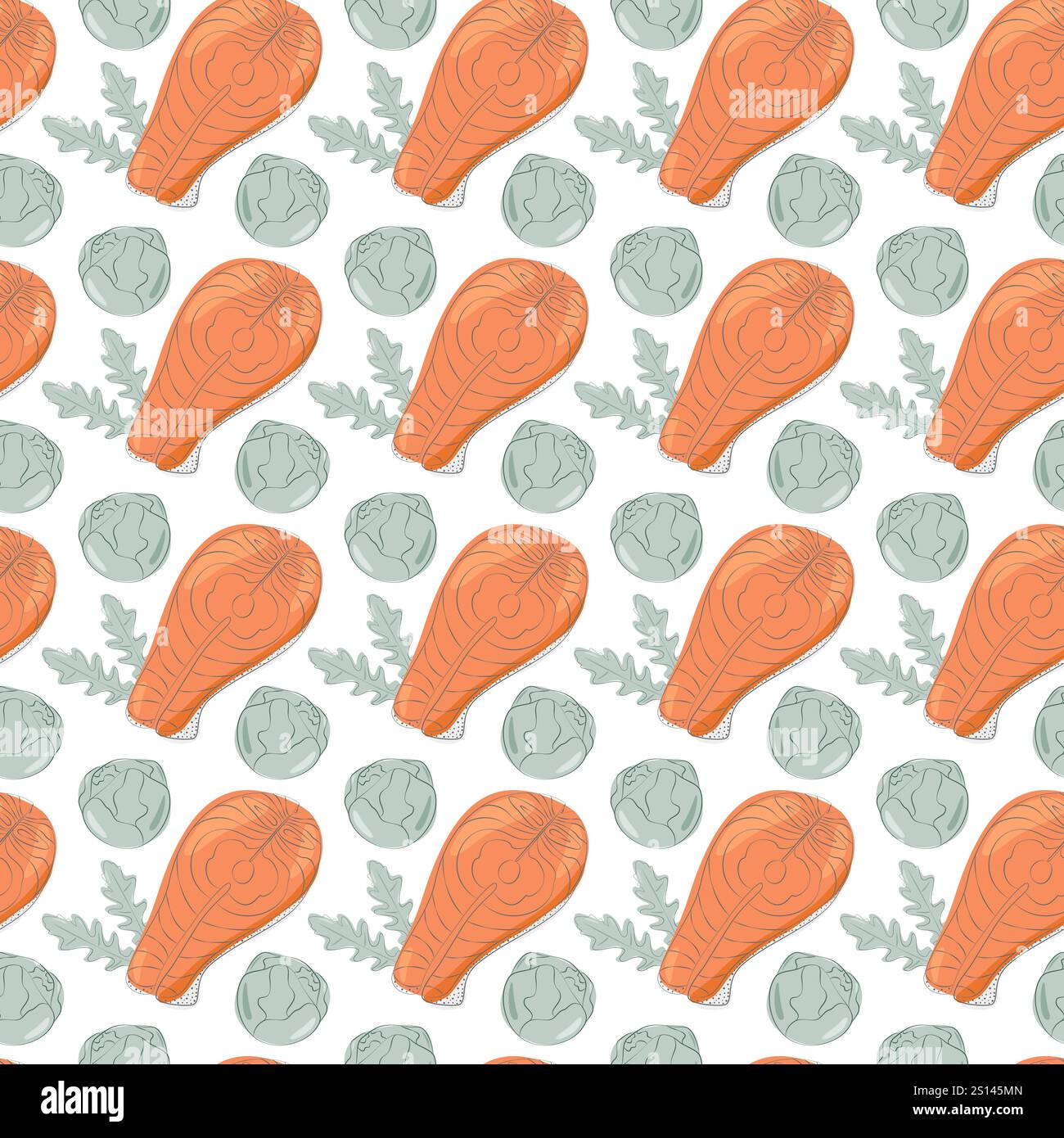 Salmon steak, brussels sprout heads and arugula leaves Seamless Pattern ...