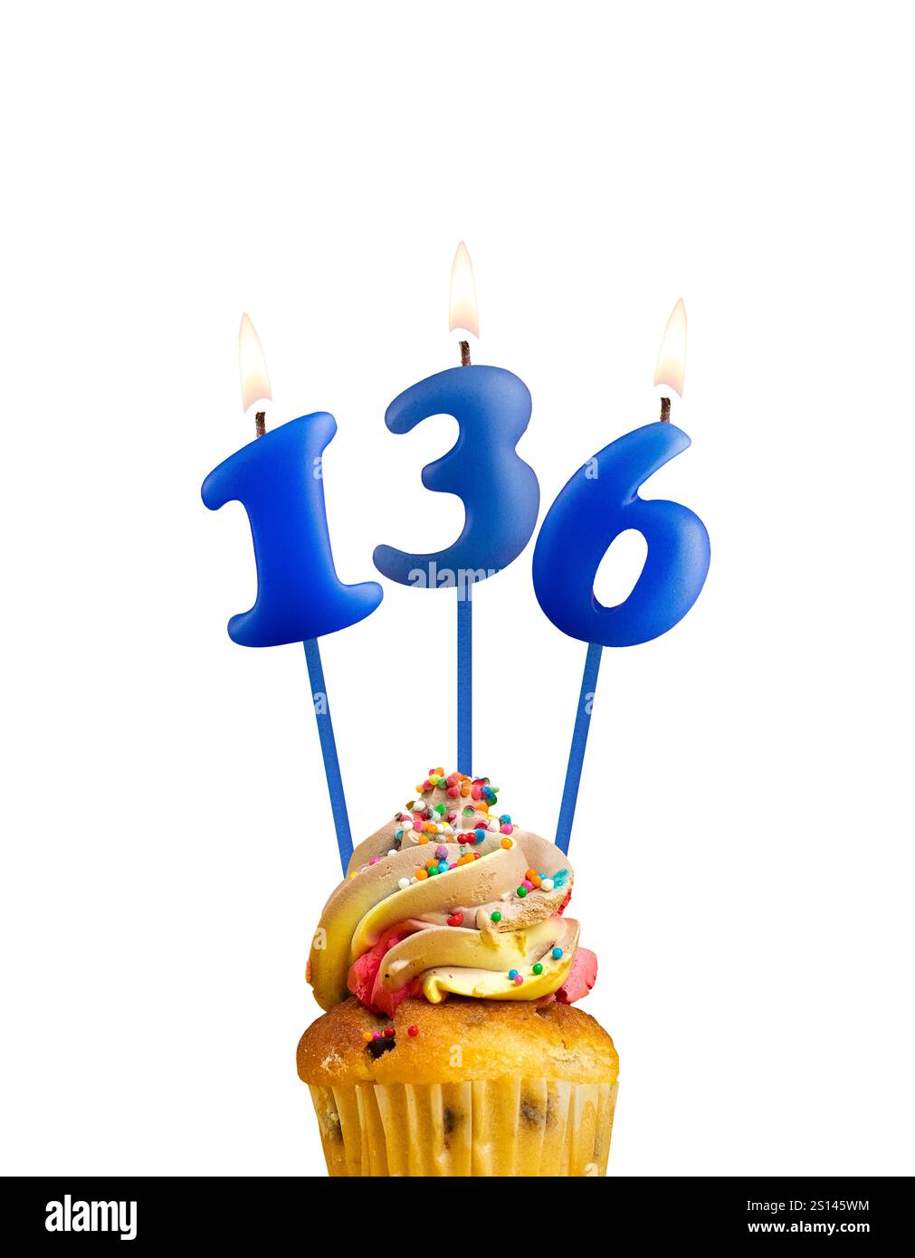 Candle in shape of the number 136 - Blue birthday on a white background ...