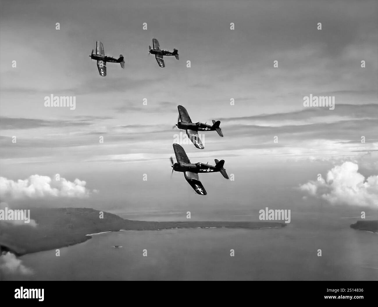 Vought F4U Corsairs of VMF-216 Bulldog Squadron in flight. An American ...