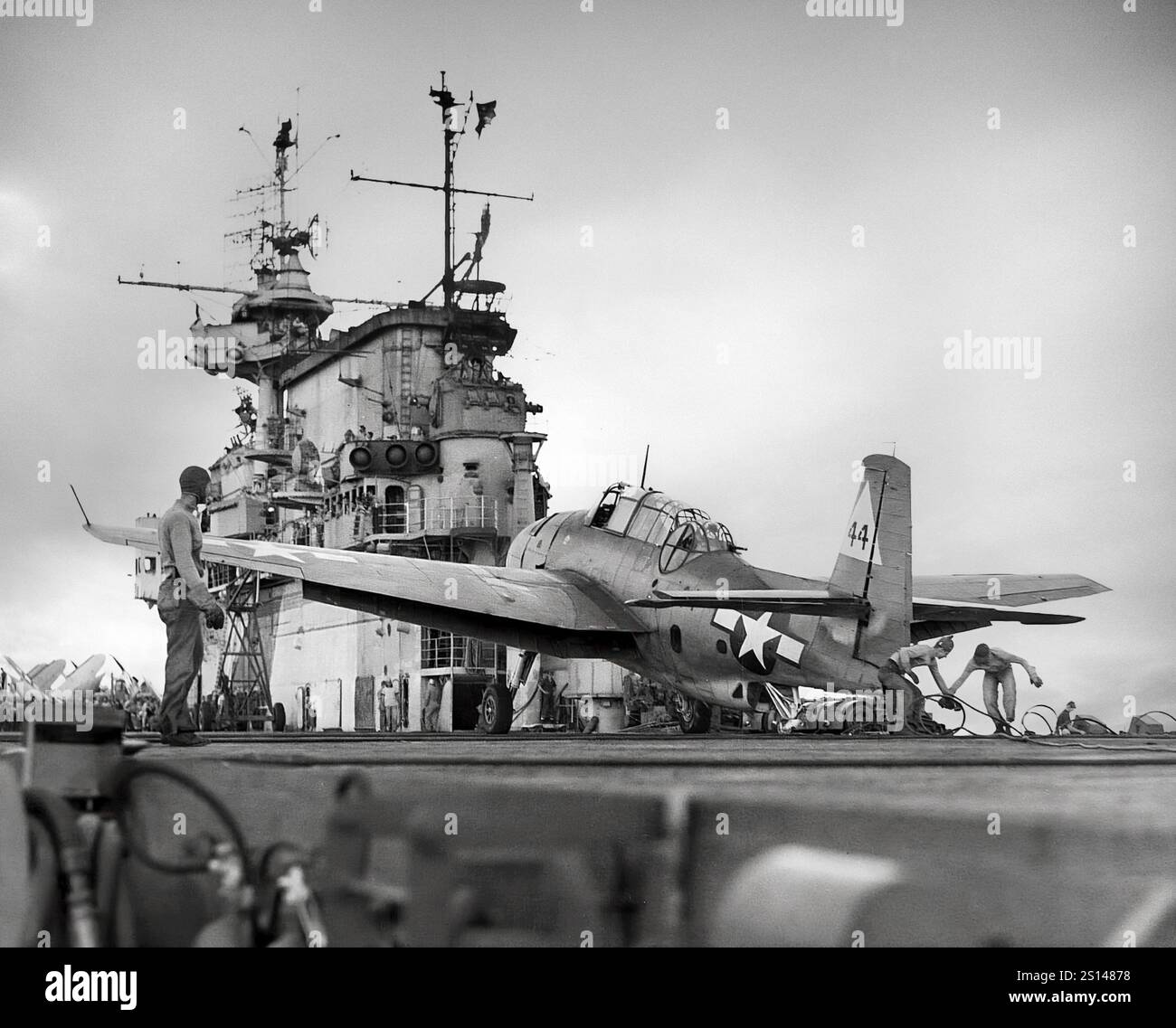 A Grumman TBF Avenger on the carrier flight deck. An American World War ...