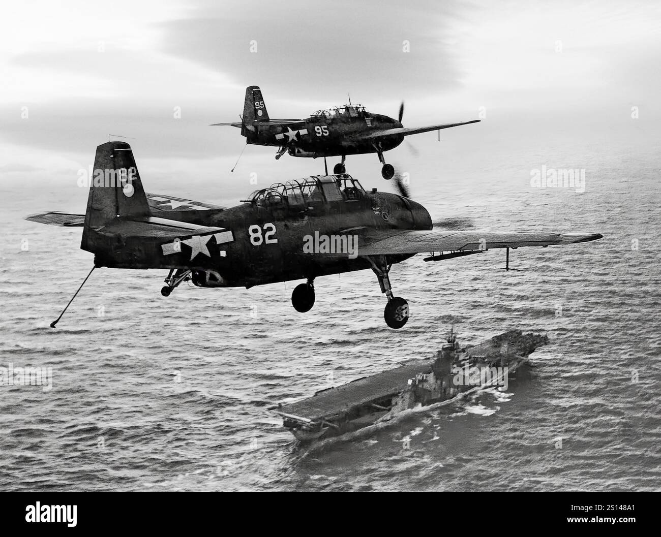 Grumman TBF Avengers in flight above USS Hornet following a strike on ...