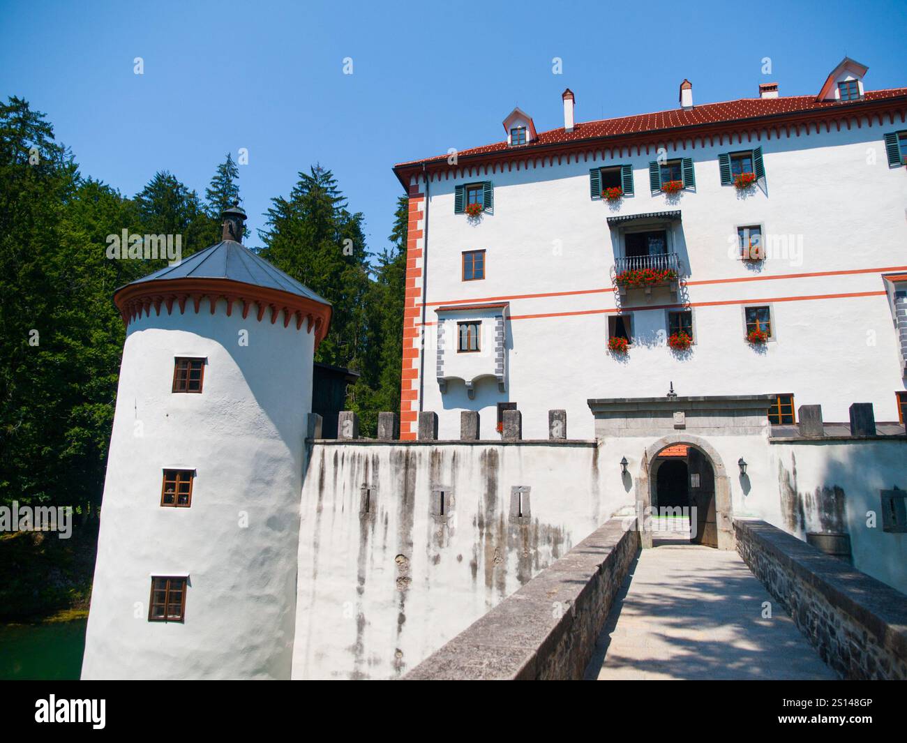Romantic white hunting castle Sneznik in Slovenia Stock Photo - Alamy