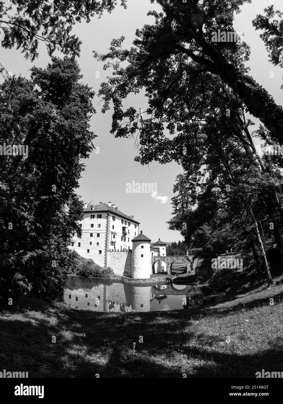 Romantic white hunting castle Sneznik in Slovenia, fish-eye image ...