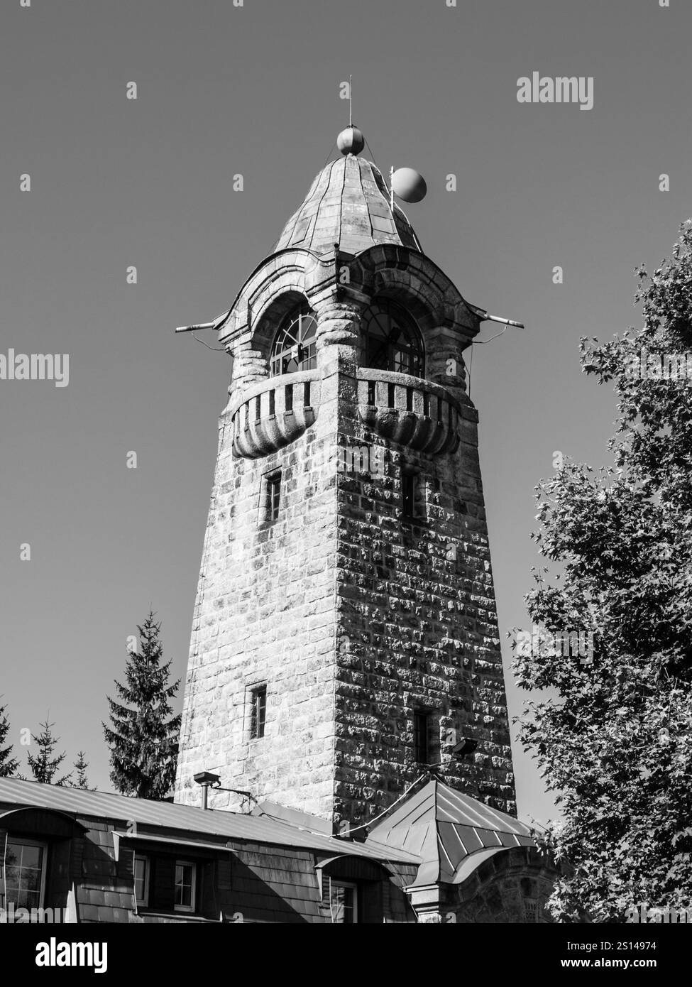 Cerna Studnice - old lookout tower made of stone with red roof, Czech ...