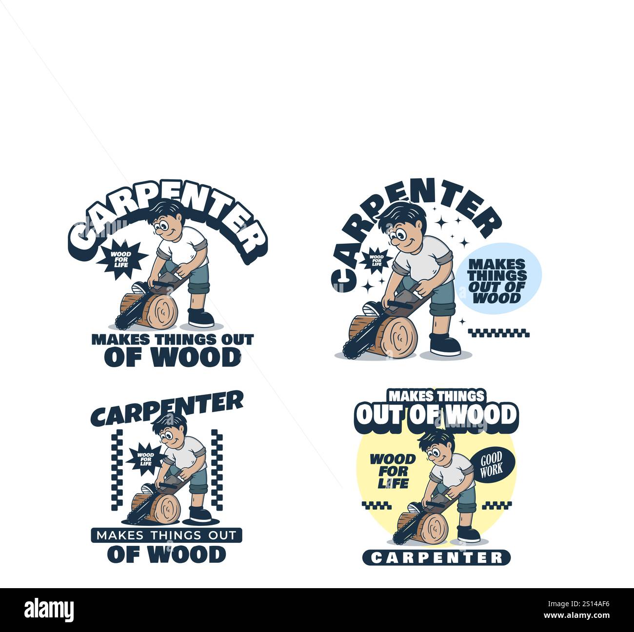 Illustration of a Carpenter character sawing a block of wood Stock ...