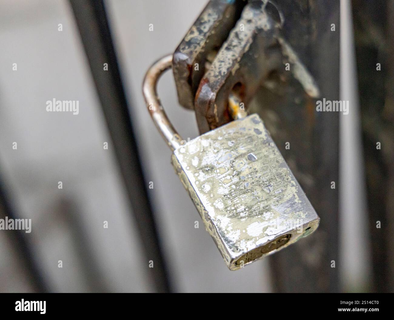 a detail of a well used stainless steel padlock securing a gate Stock ...