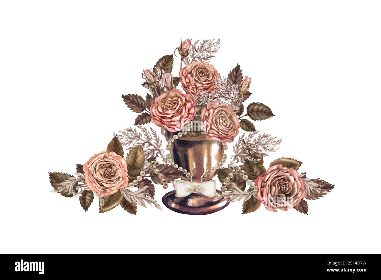 Triangular composition of a bouquet of roses in a bronze vase. Pink ...