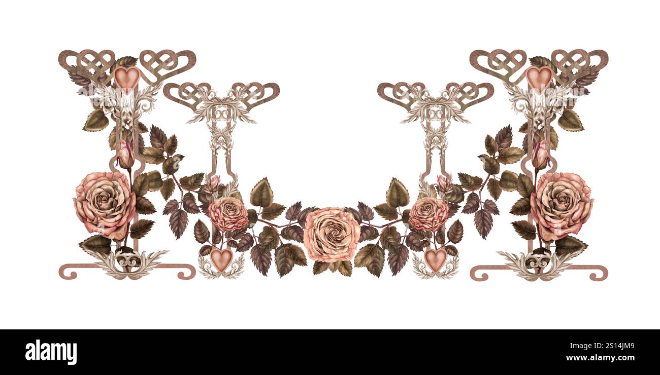 Horizontal border with pink roses, vignettes, heart symbol. Vintage ...