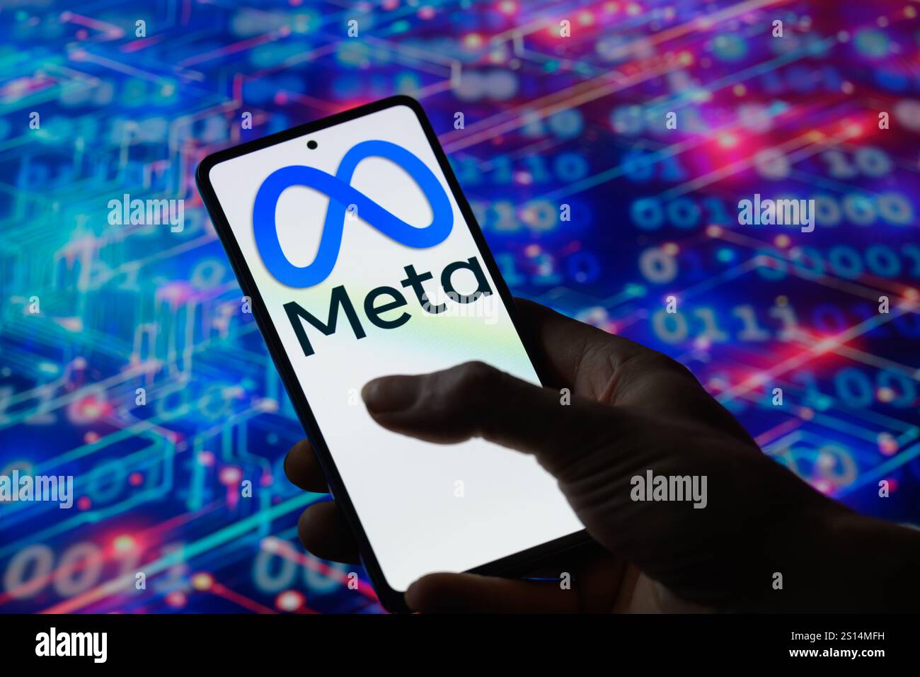 The Meta logo is being displayed on a mobile screen, in this photo ...
