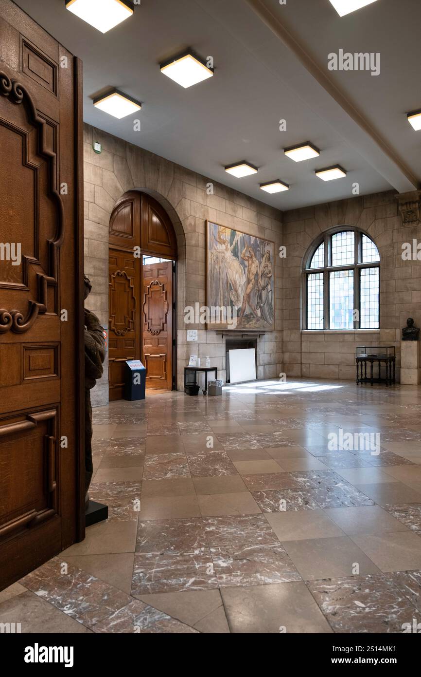 Hall and staircase in neo-Flemish-Renaissance style in the library of ...