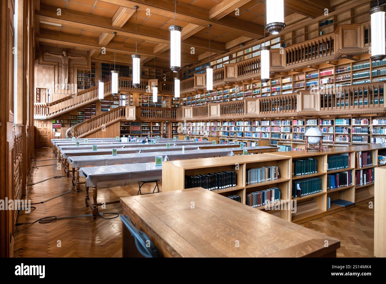 Interior of the library in the neo-Flemish-Renaissance style of the ...