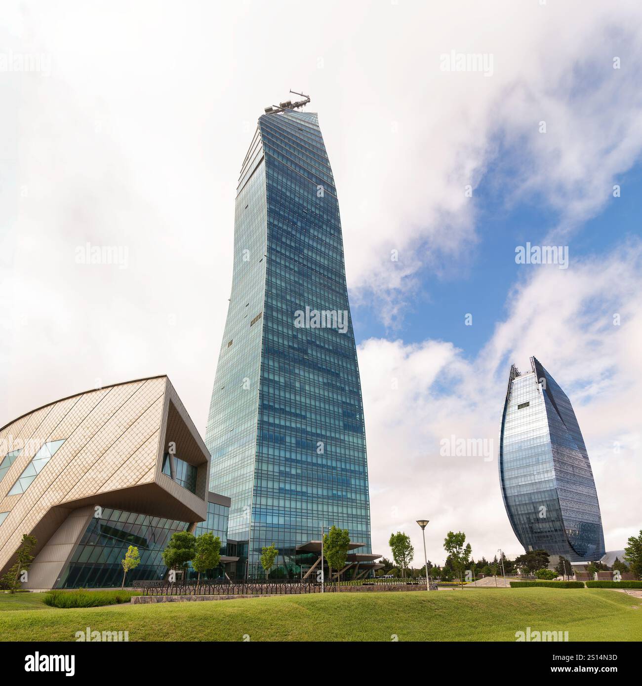 The striking SOCAR Tower and the uniquely shaped Azersu Tower stand ...