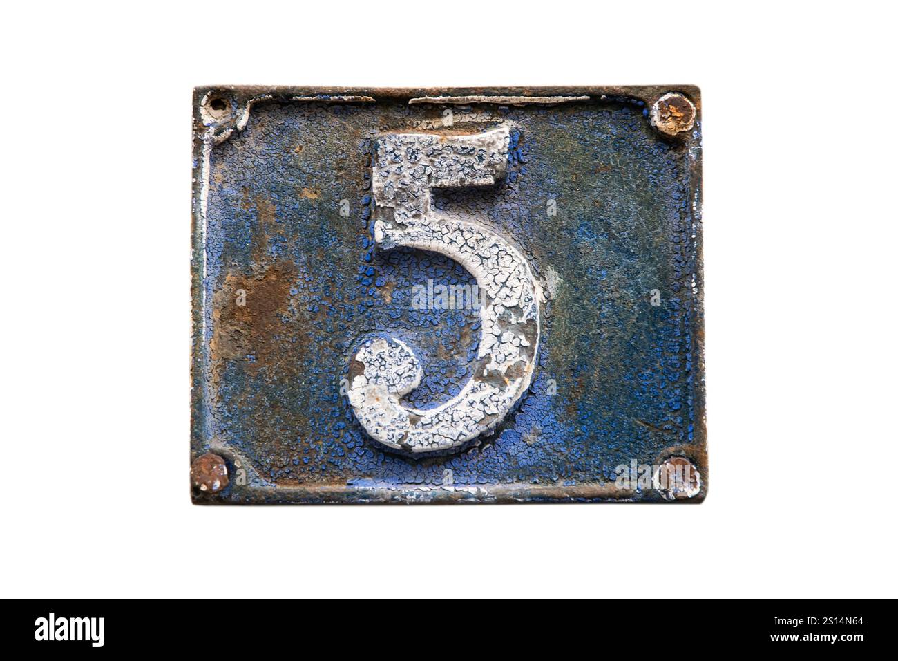 Old retro weathered cast iron plate with number 5 isolated on white ...