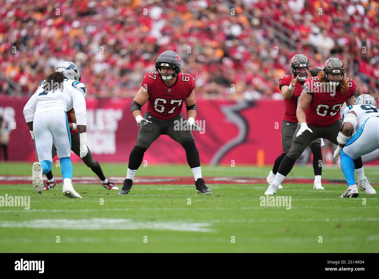 Tampa Bay Buccaneers offensive tackle Luke Goedeke (67) protects he ...