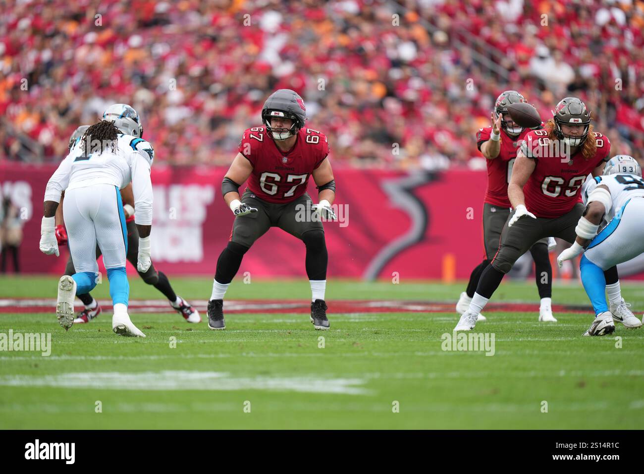 Tampa Bay Buccaneers offensive tackle Luke Goedeke (67) protects he ...