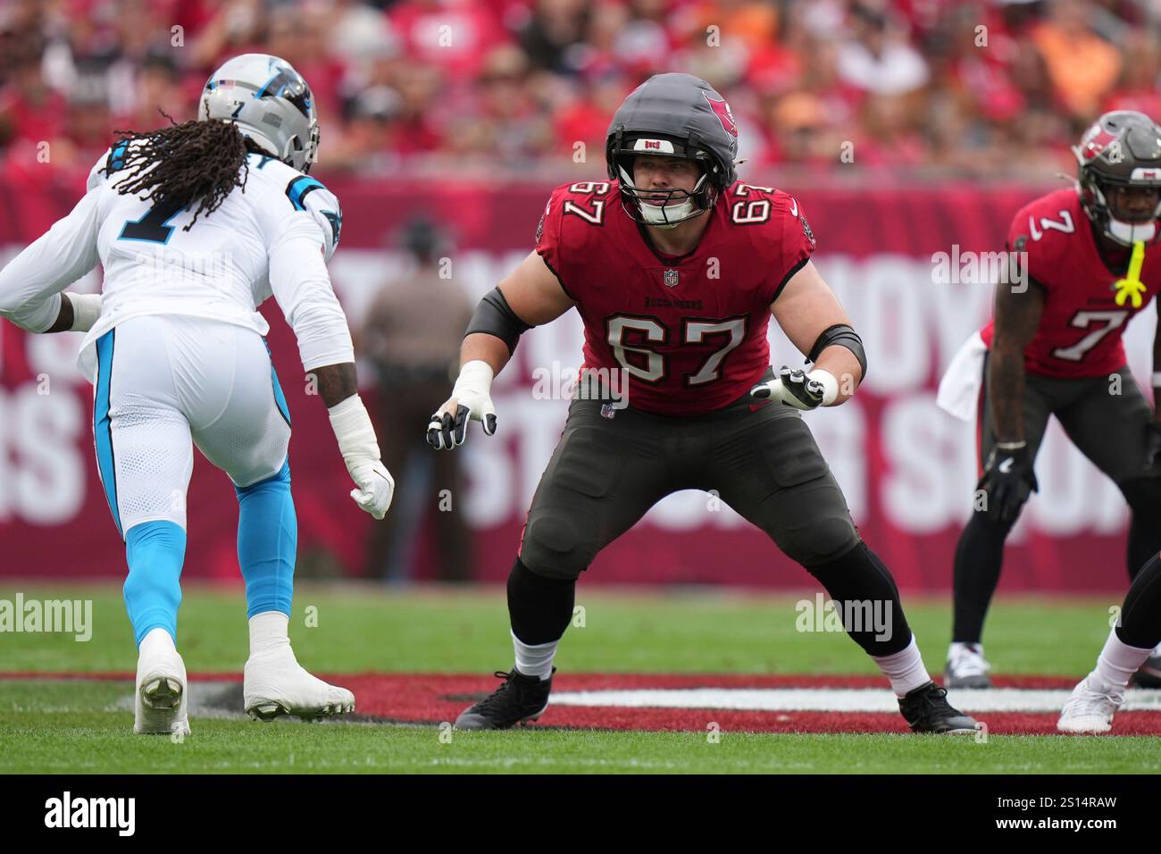 Tampa Bay Buccaneers offensive tackle Luke Goedeke (67) protects the ...