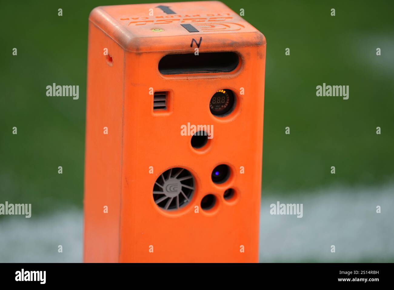 A close up of the goal line pylon is shown during an NFL football game ...
