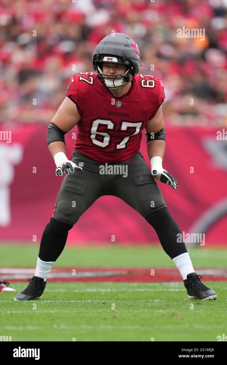 Tampa Bay Buccaneers offensive tackle Luke Goedeke (67) protects he ...