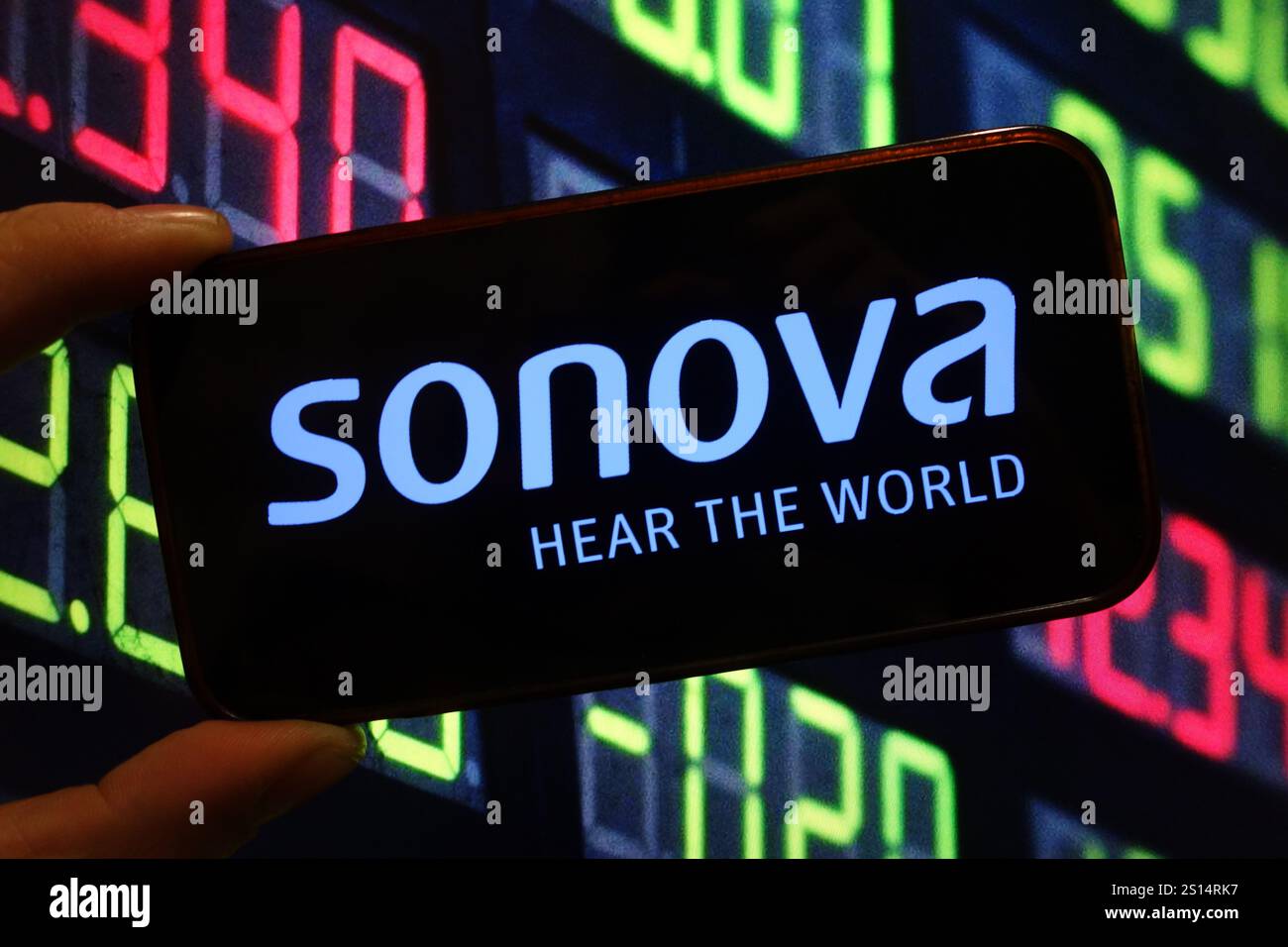 In this photo illustration, the Sonova company logo is seen displayed ...