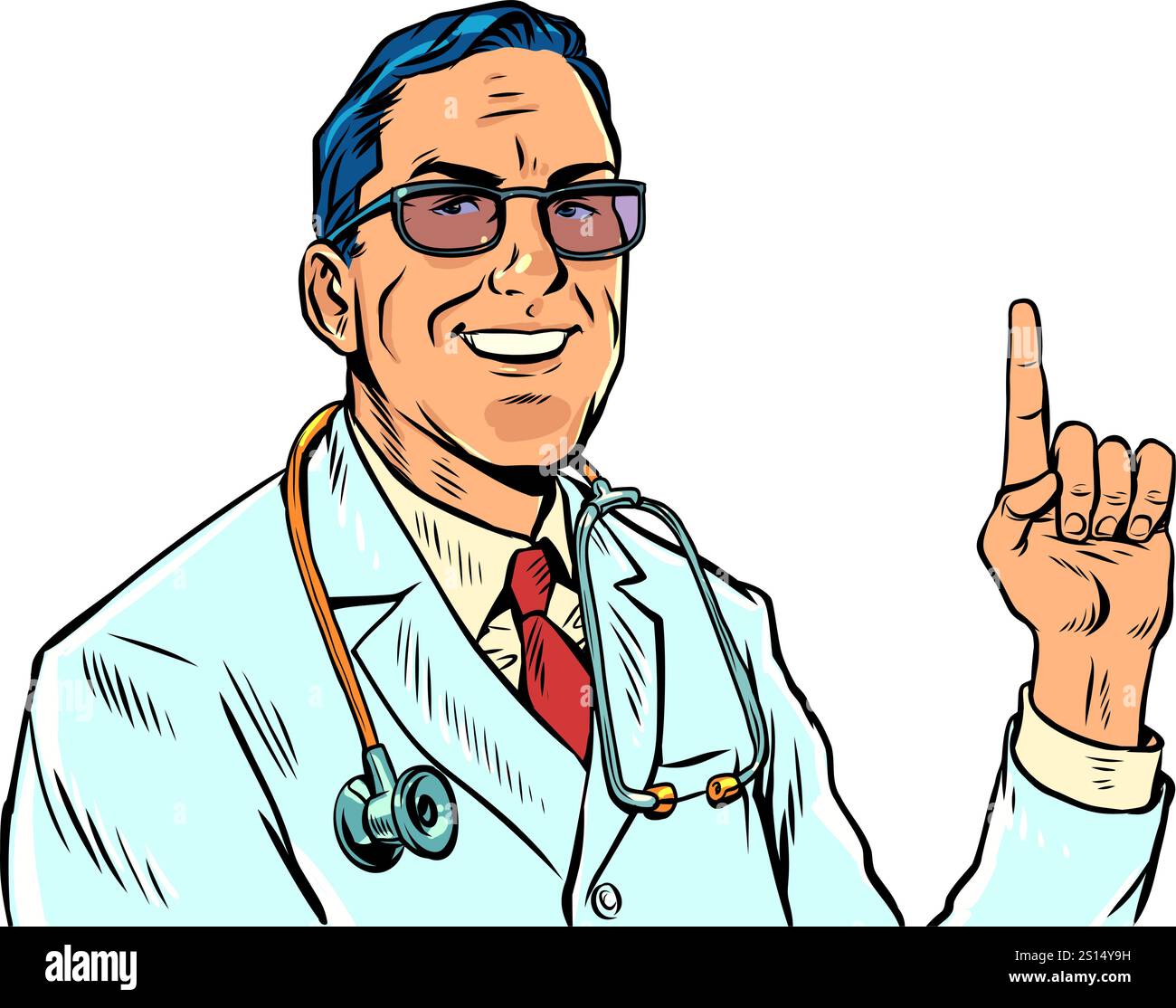 Male caucasian doctor shows index finger up. Advertisement of medical ...