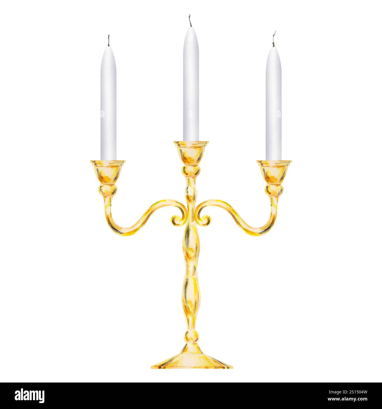 Watercolor isolated clipart of elegant gold candelabra with three white ...