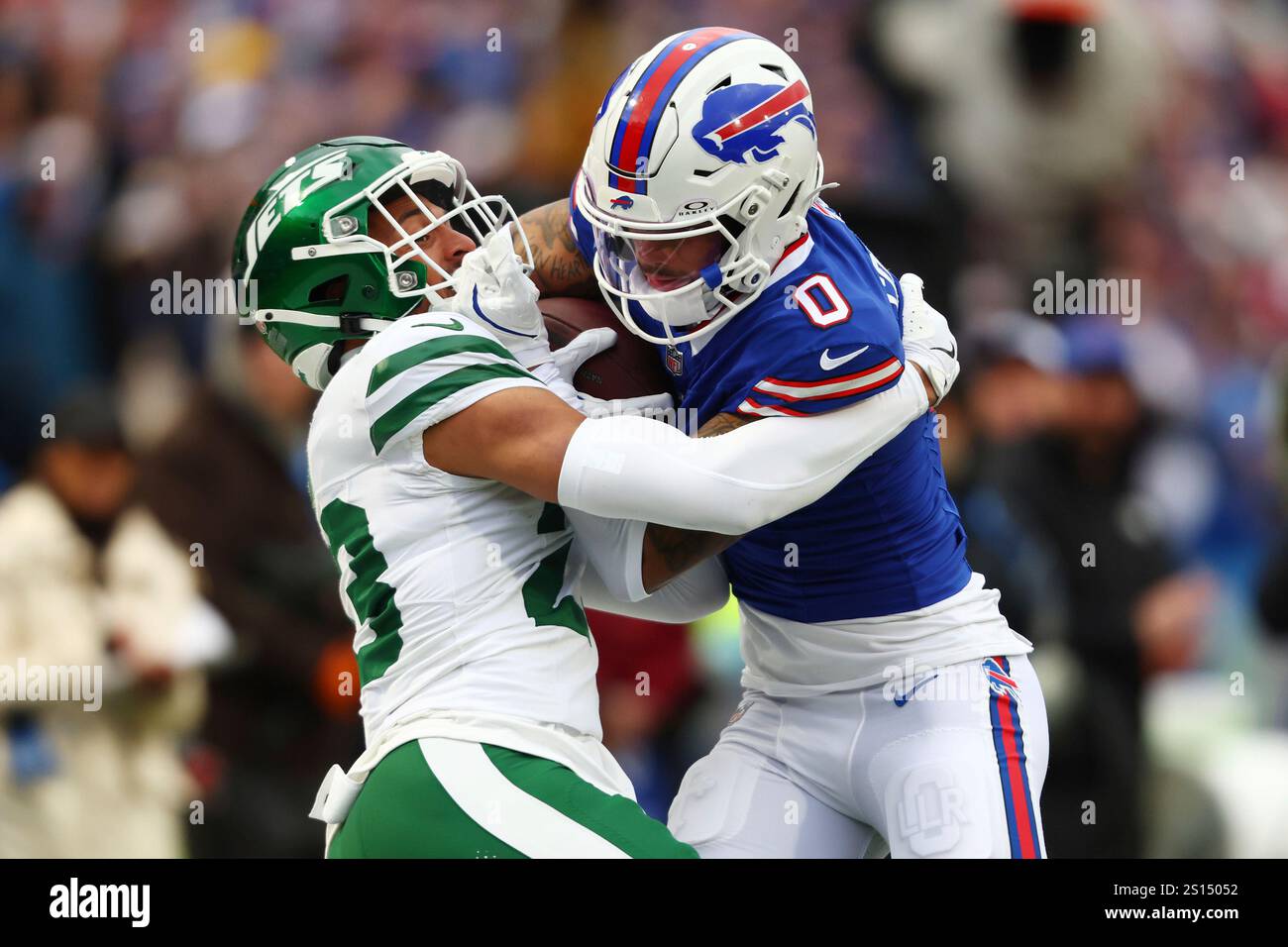 Buffalo Bills wide receiver Keon Coleman (0) is tackled by New York ...