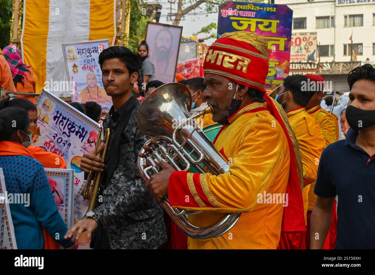 Haridwar, Uttarakhand, India - 13th April 2021 : Hindu devotee playing ...