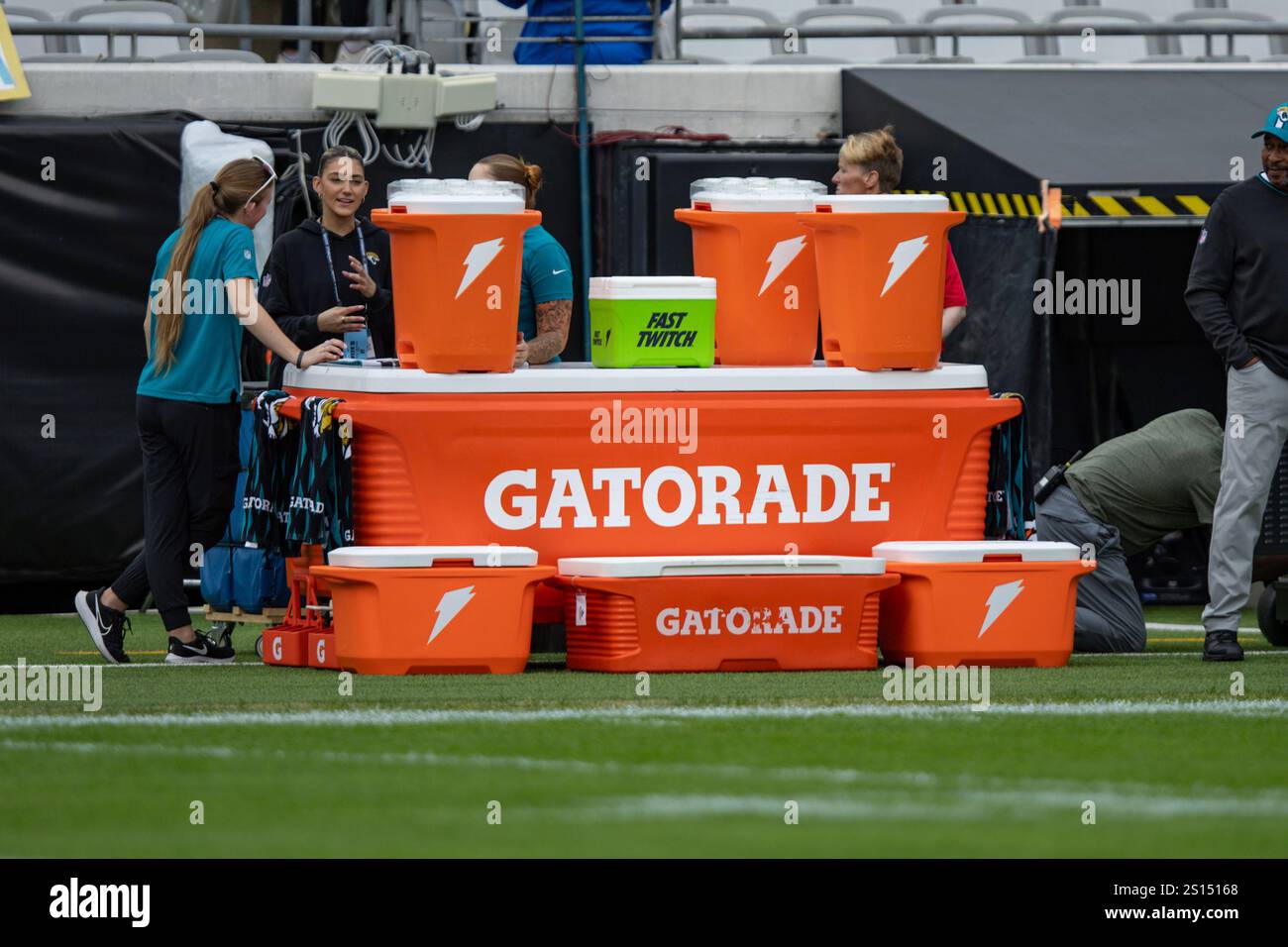 Gatorade coolers await use in an NFL football game between the ...