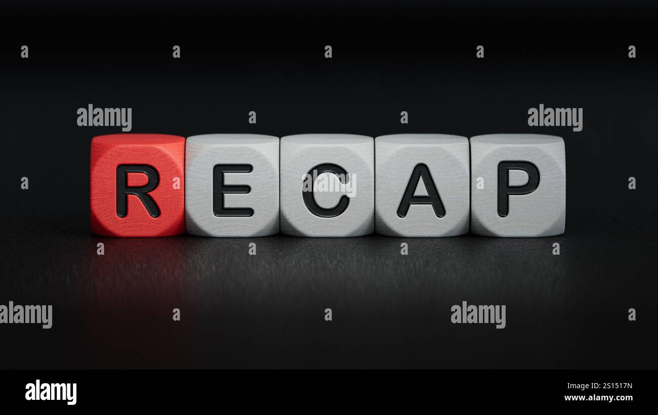Recap symbol. Wooden cubes with word Recap.Recap concept. Copy space ...
