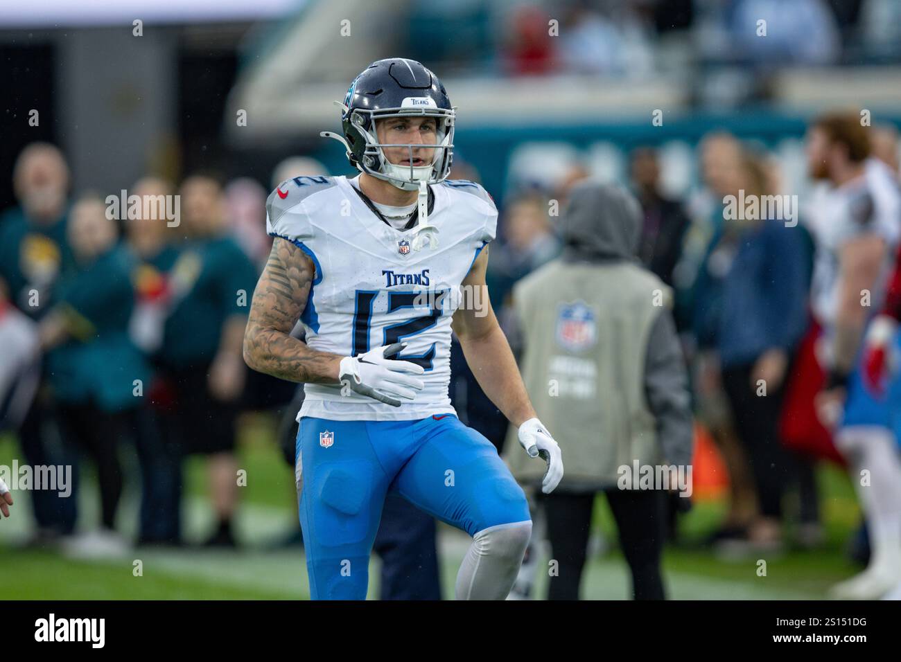 Tennessee Titans wide receiver Mason Kinsey (12) warms up on the ...