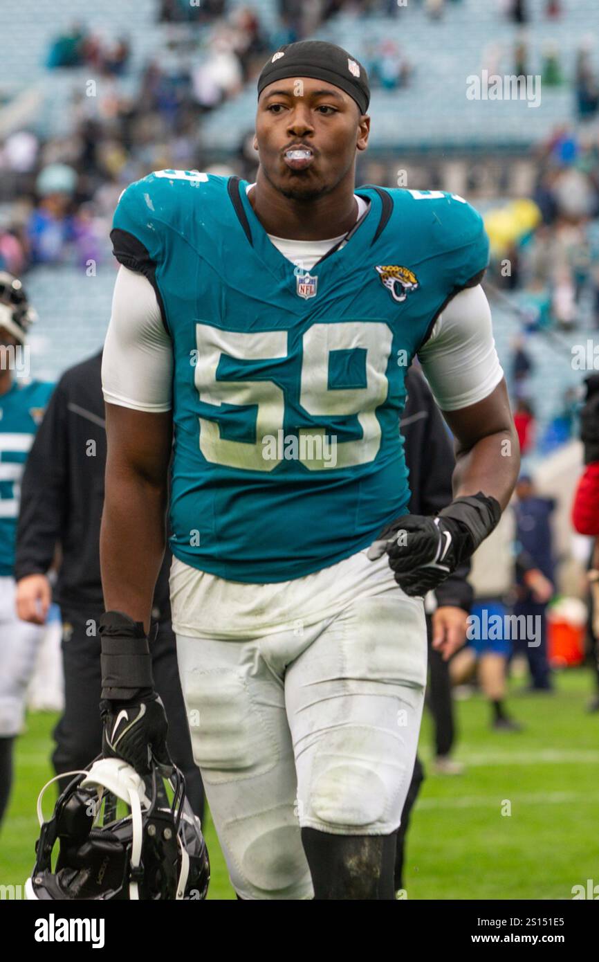 Jacksonville Jaguars defensive end Myles Cole (59) walks off the after ...