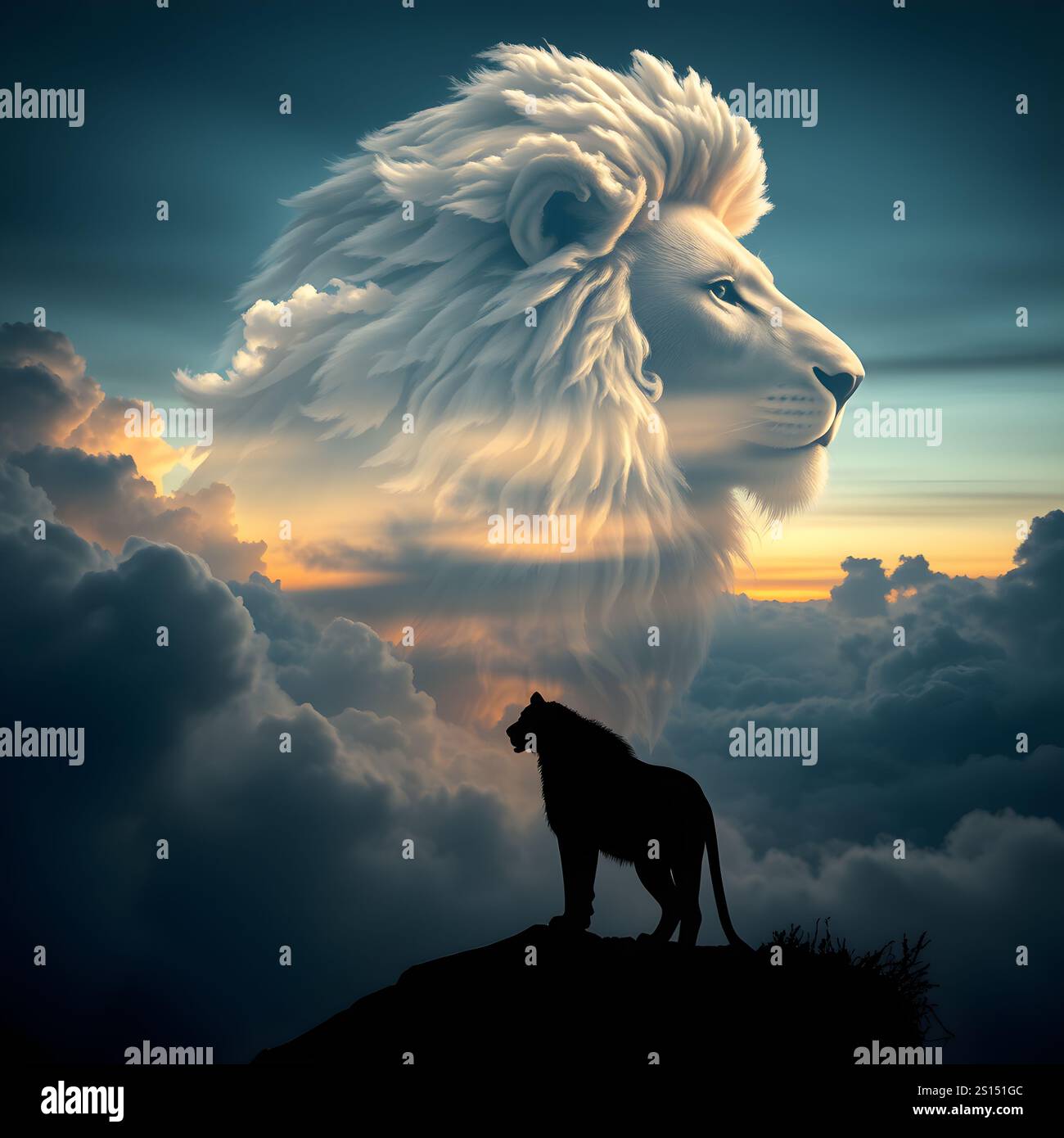 A composition where a lion stands on a cliff, looking out to the ...