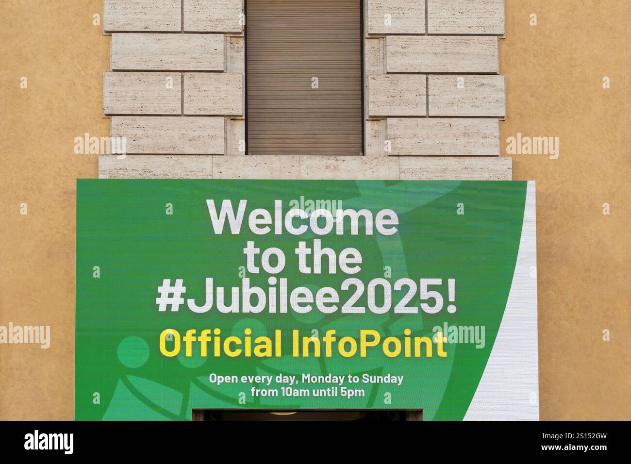 LED sign at the Info Point welcomes visitors to the 2025 Jubilee event ...