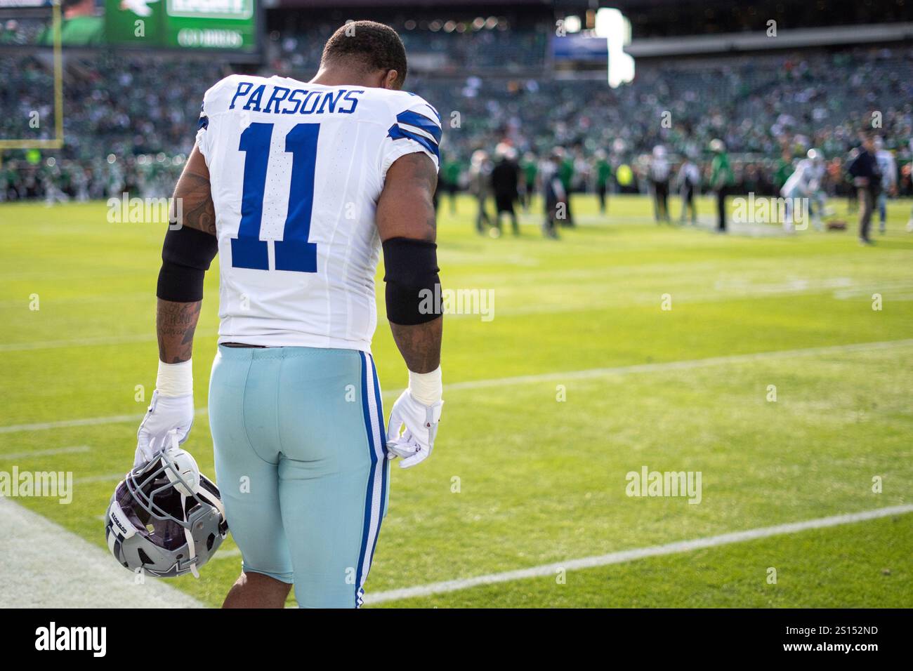 Dallas Cowboys linebacker Micah Parsons (11) looks on during warm-ups ...