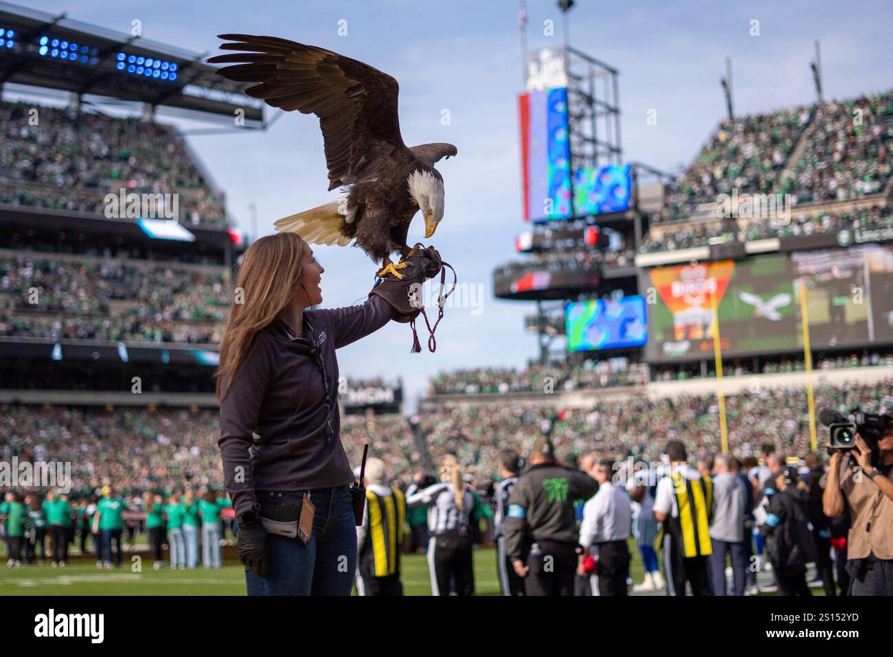 Lincoln, from the American Eagle Foundation, looks on after his flight ...