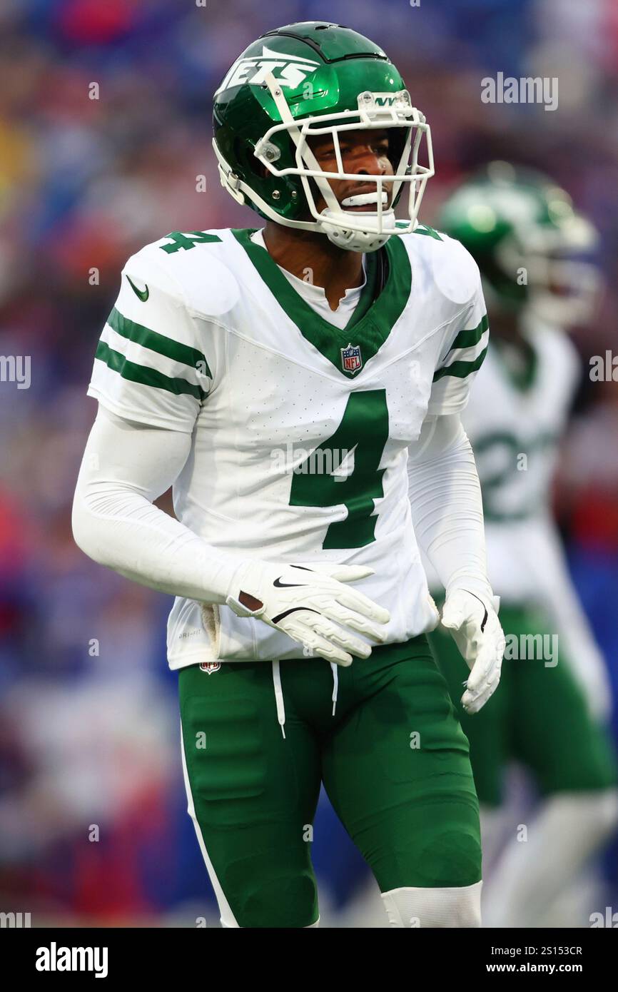 New York Jets cornerback D.J. Reed (4) runs off the field during the ...