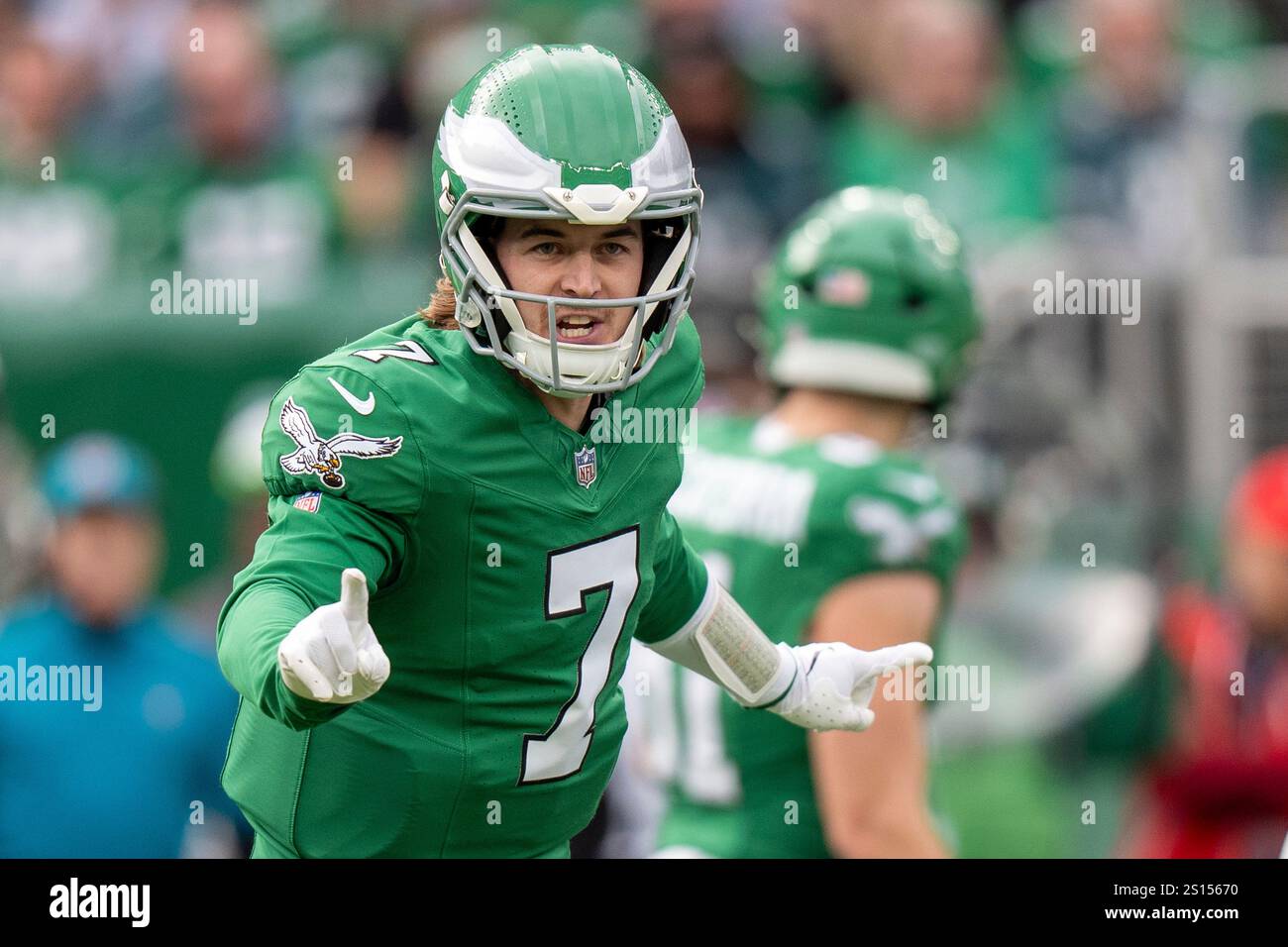Philadelphia Eagle quarterback Kenny Pickett (7) calls out the play ... Philadelphia Eagle quarterback Kenny Pickett (7) calls out the play ...